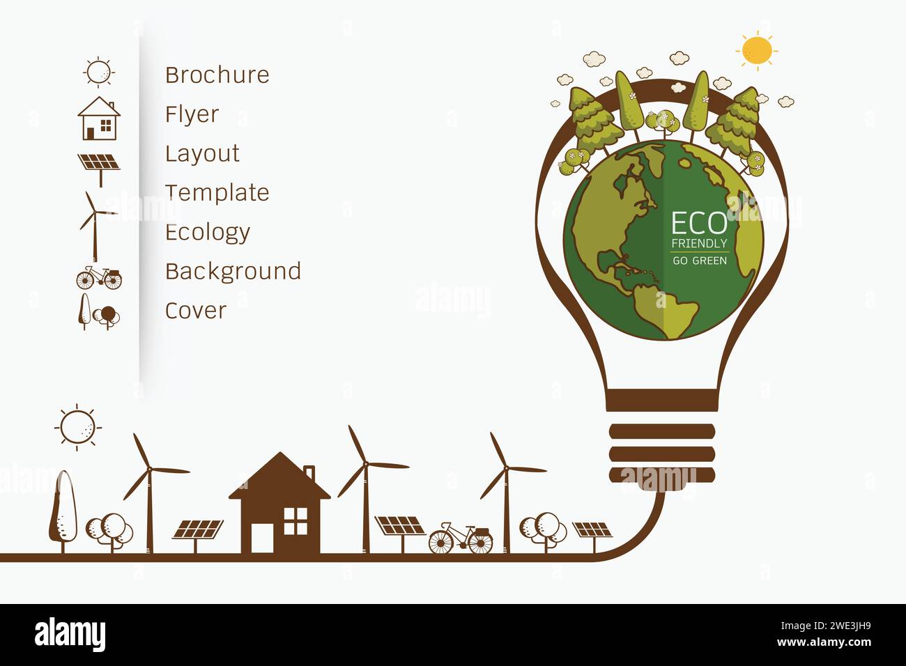 Vector illustration of eco earth with of wind turbine, bike , solar ...