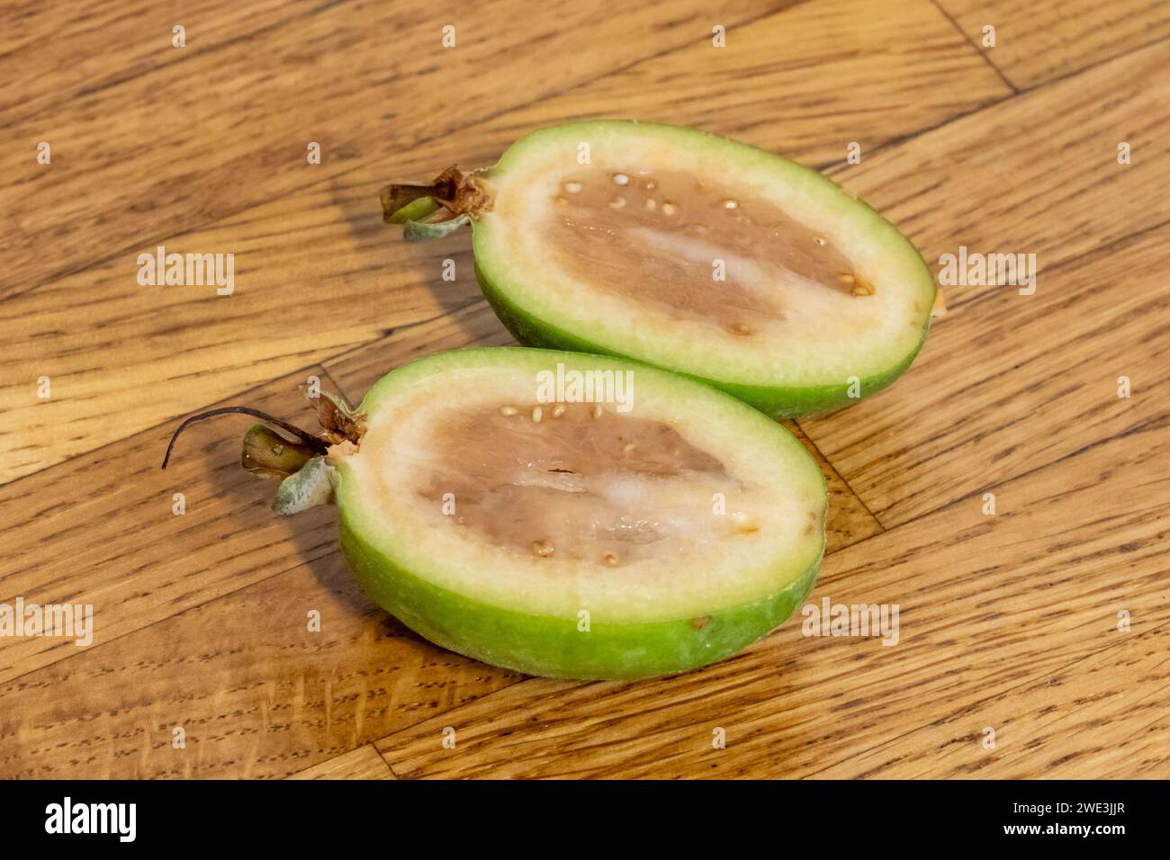 Fruit of the Pineapple Guava tree, Feijoa Sellowiana, an evergreen bush ...