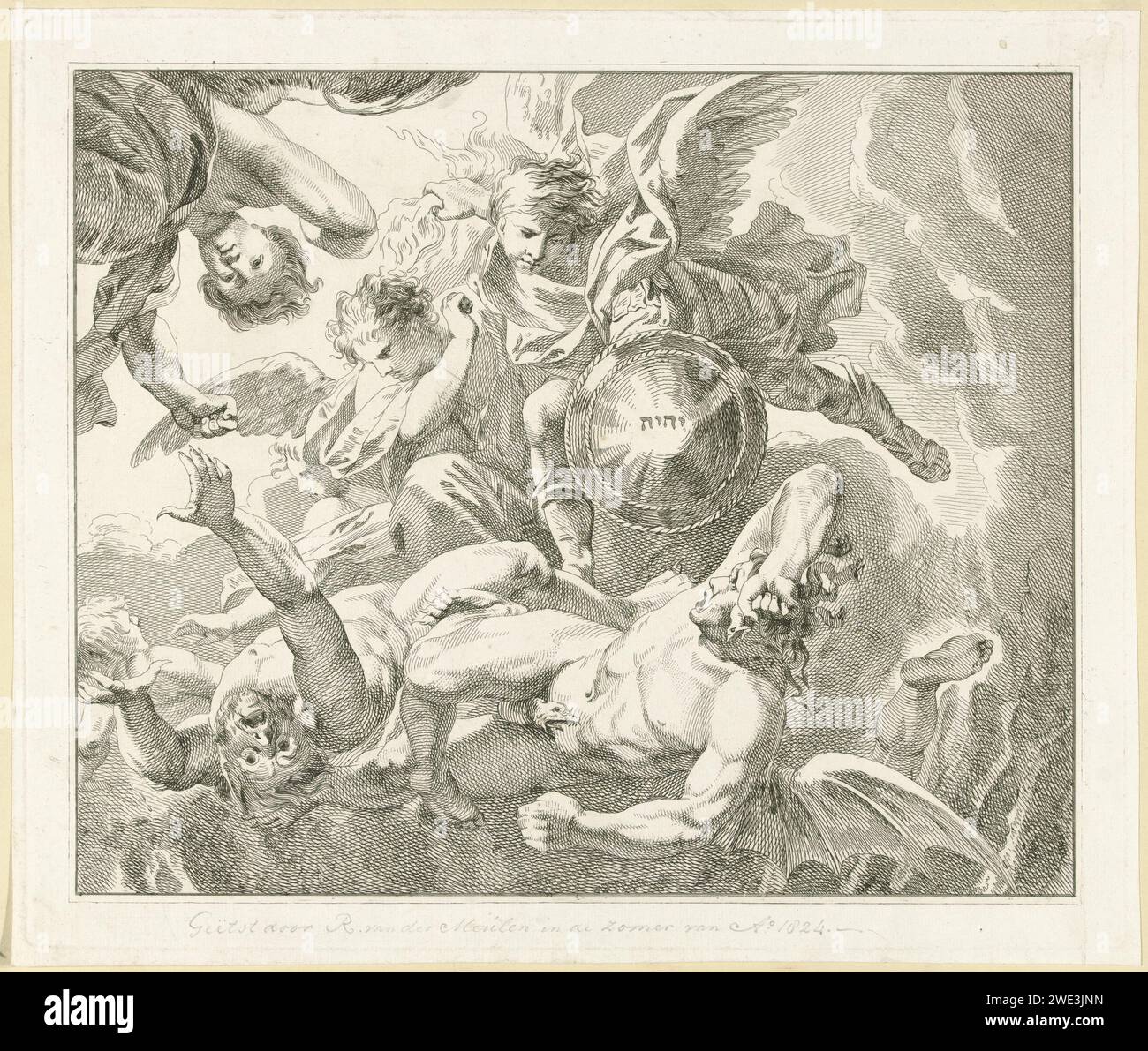 Michaël subjects the devil, Roelof van der Meulen, 1824 print The ...