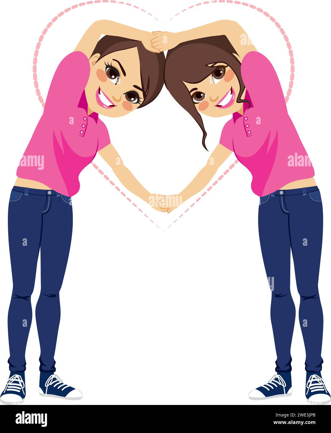 Two beautiful young girls making love shape with arms together with ...