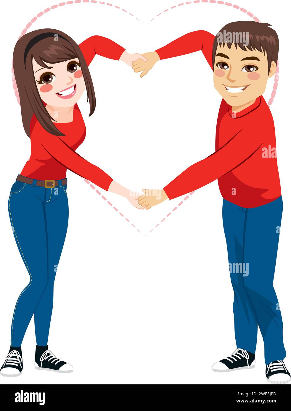 Lovely Caucasian Couple with red shirt and blue jeans making love shape ...