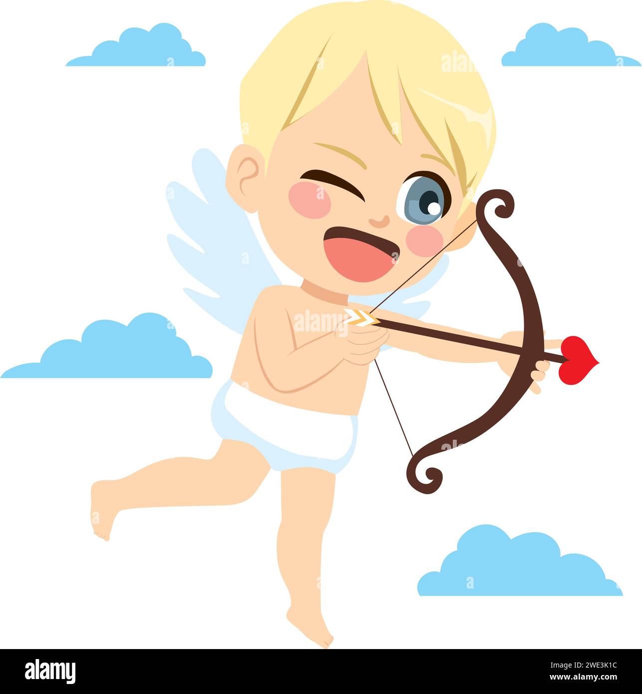 Little cute cupid angel holding bow and heart arrow ready to aim and ...
