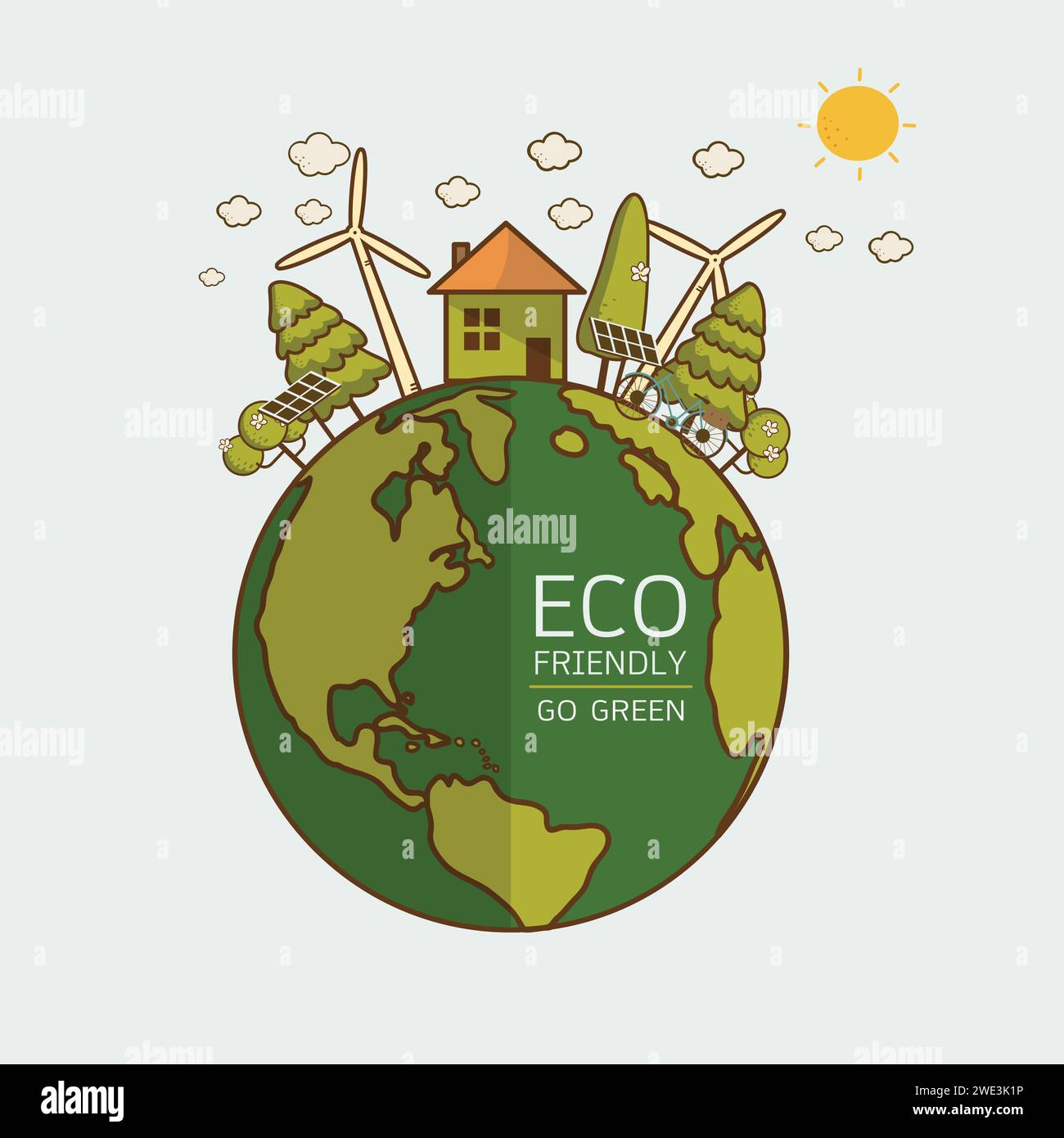 Vector illustration of earth with of wind turbine, house, and trees ...