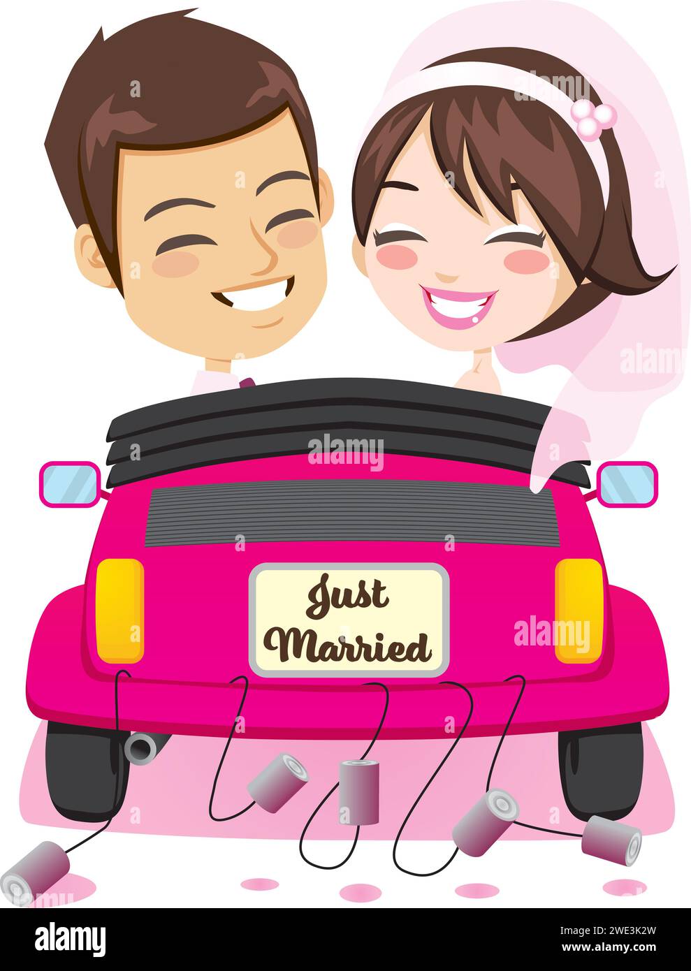Back view of happy just married couple riding on pink car with cans ...