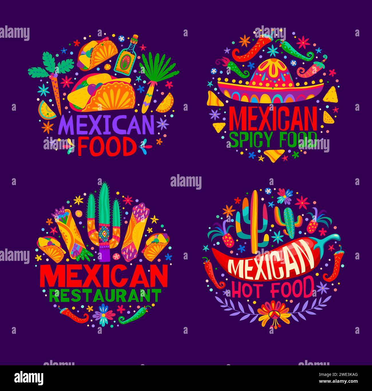 Mexican cuisine icons of burrito, taco and sombrero, Mexico restaurant ...