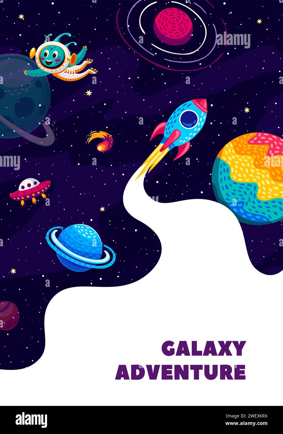 Galaxy adventure poster. Rocket spaceship launch, alien character, ufo ...