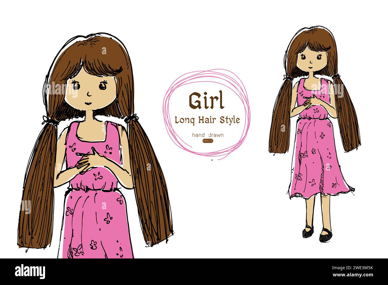 cute girl long hair hand drawn styles on white background vector ...