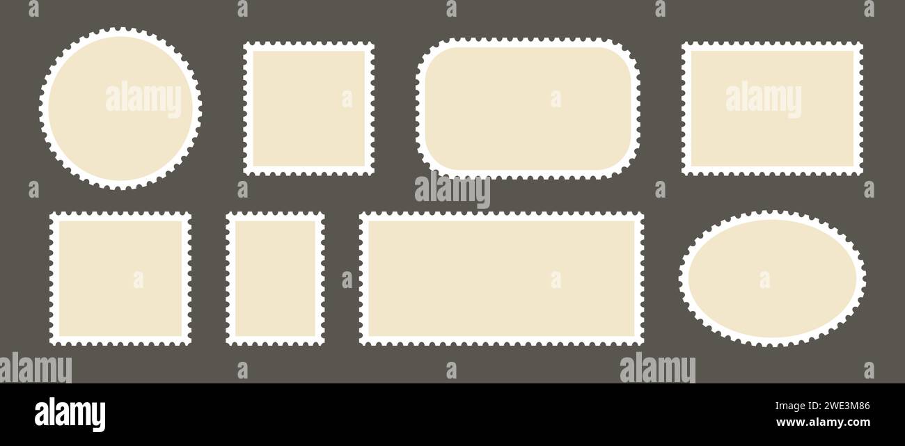 Postage stamp set. Post stamp frames and borders. Beige round and ...