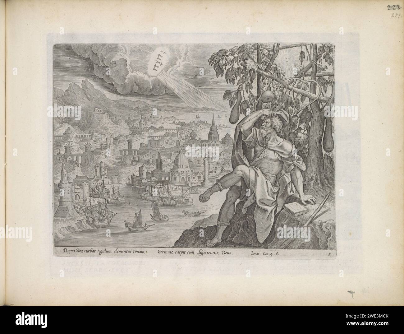 Jonah under the Wonderboom, 1643 print Jonah is sitting on a rock above ...