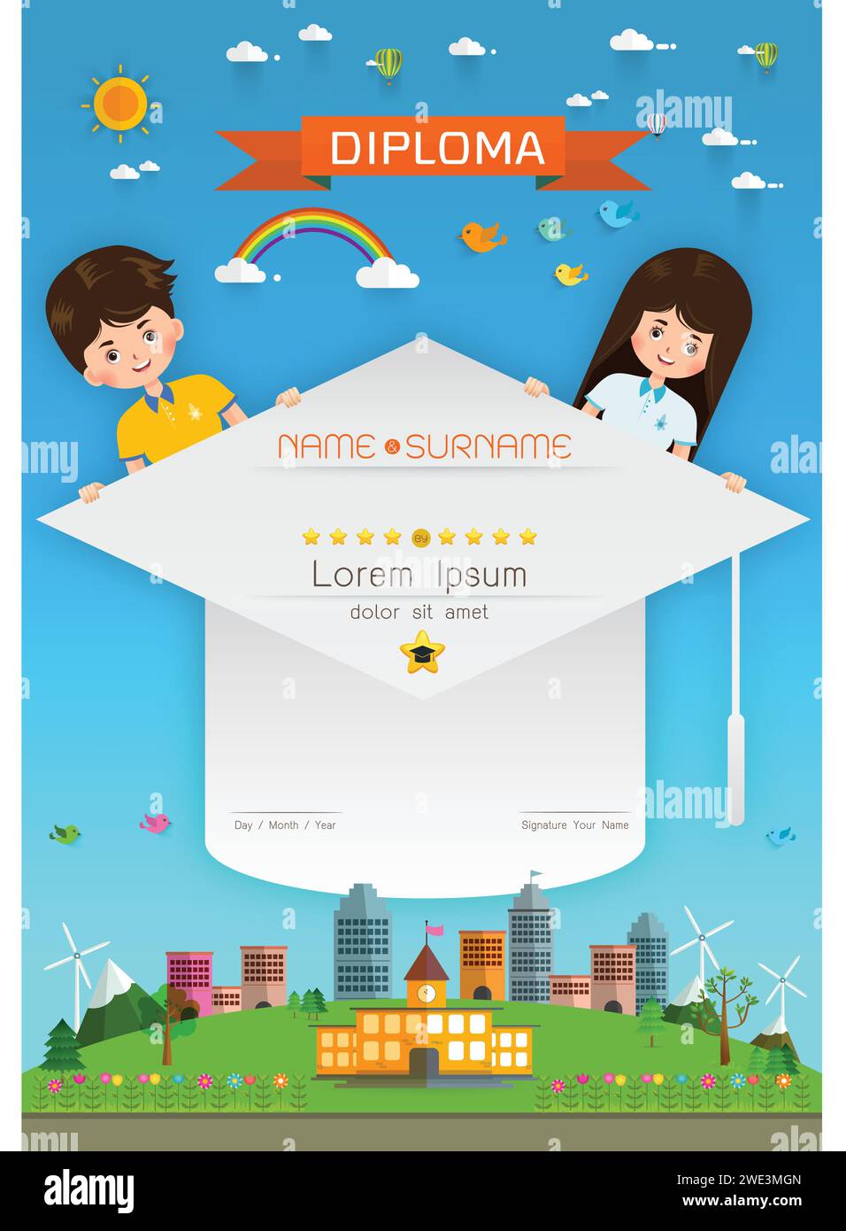 Certificate kids diploma, kindergarten template layout background frame ...