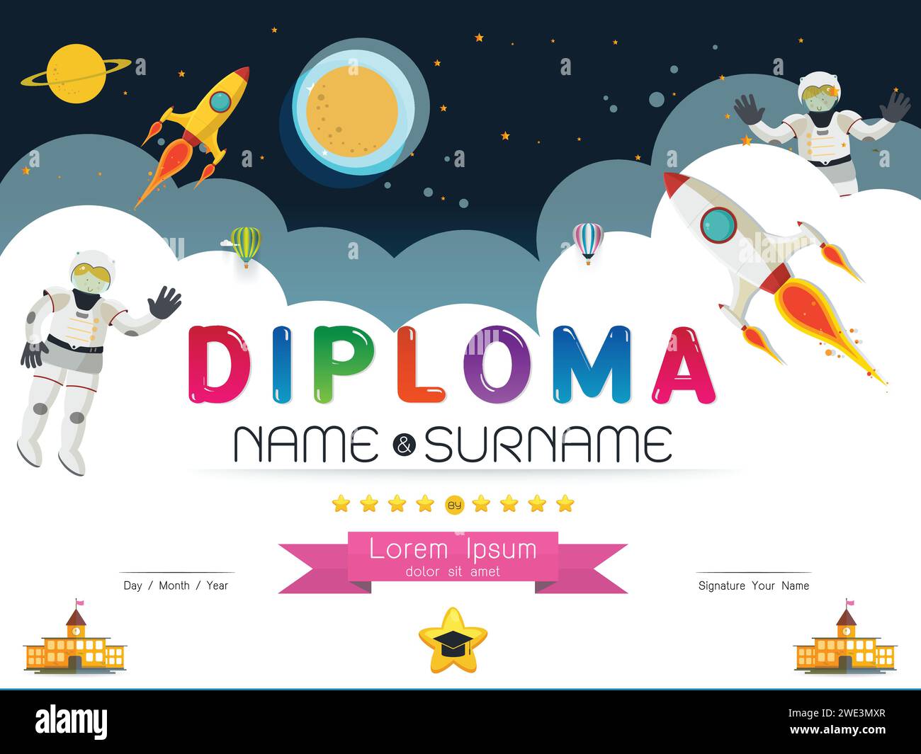 Kids diploma template. Preschool elementary school kids diploma. Kids ...
