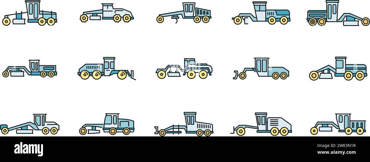 Construction grader machine icons set. Outline set of construction ...