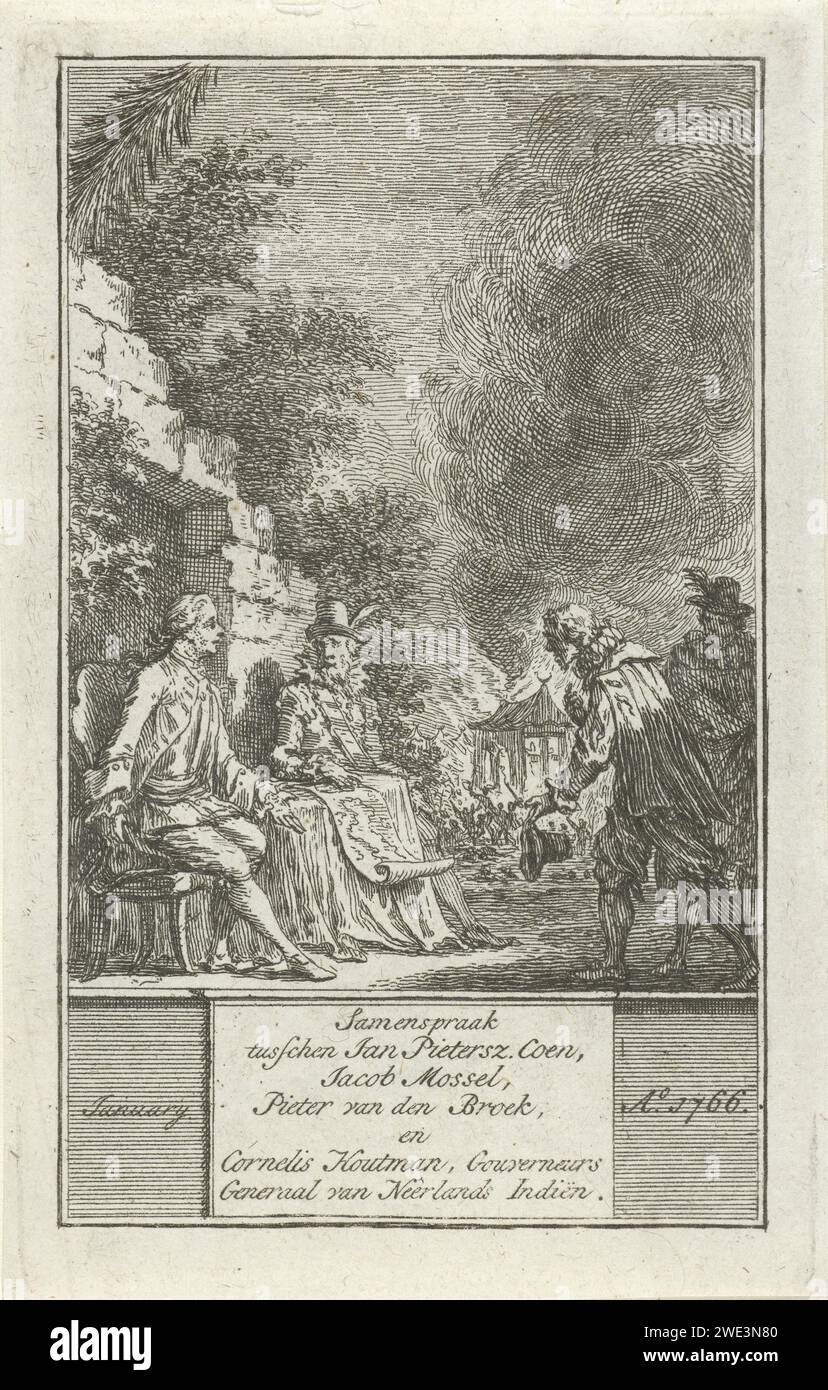 Meeting between four historical figures, Simon Fokke, 1722 - 1784 print ...