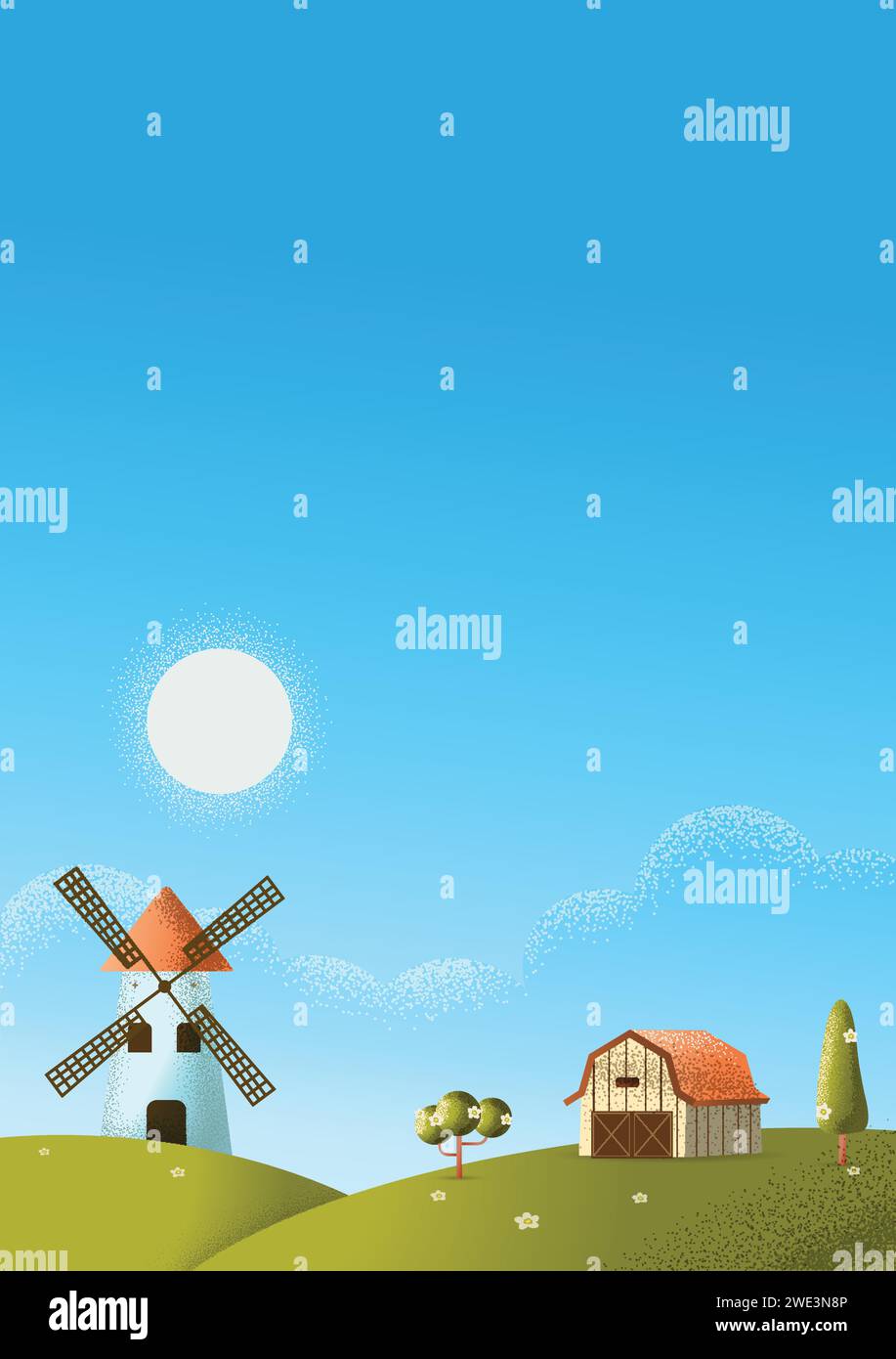 Vertical Farm field nature landscape and a village on a hill Vector ...