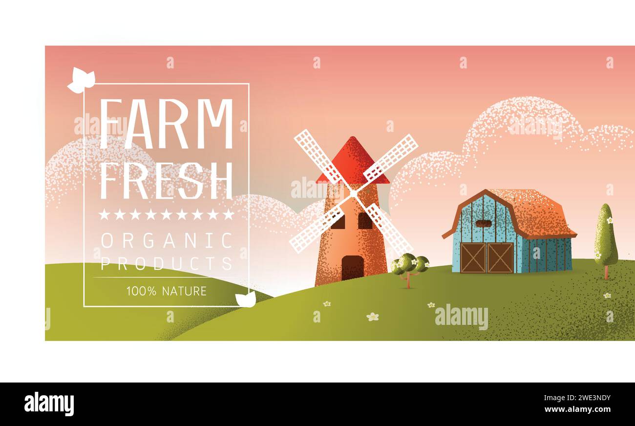 Horizontal Farm field nature landscape and a village on a hill Vector ...