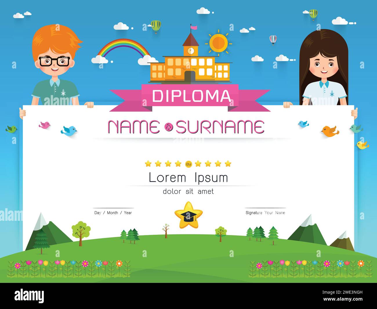 Certificate kids diploma, kindergarten template layout background frame ...