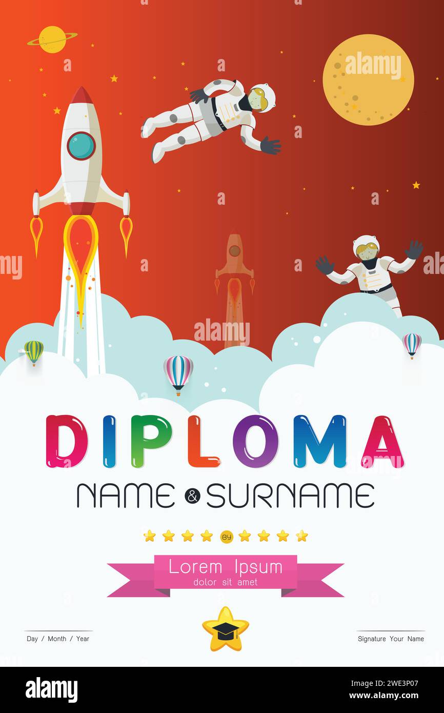 Kids diploma template. Preschool elementary school kids diploma. Kids ...