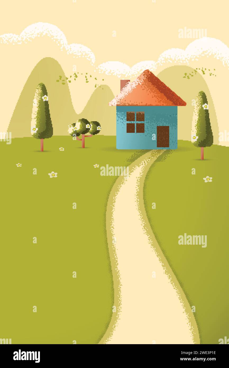 Green landscape. Freehand drawn cartoon outdoors style. Farm houses ...