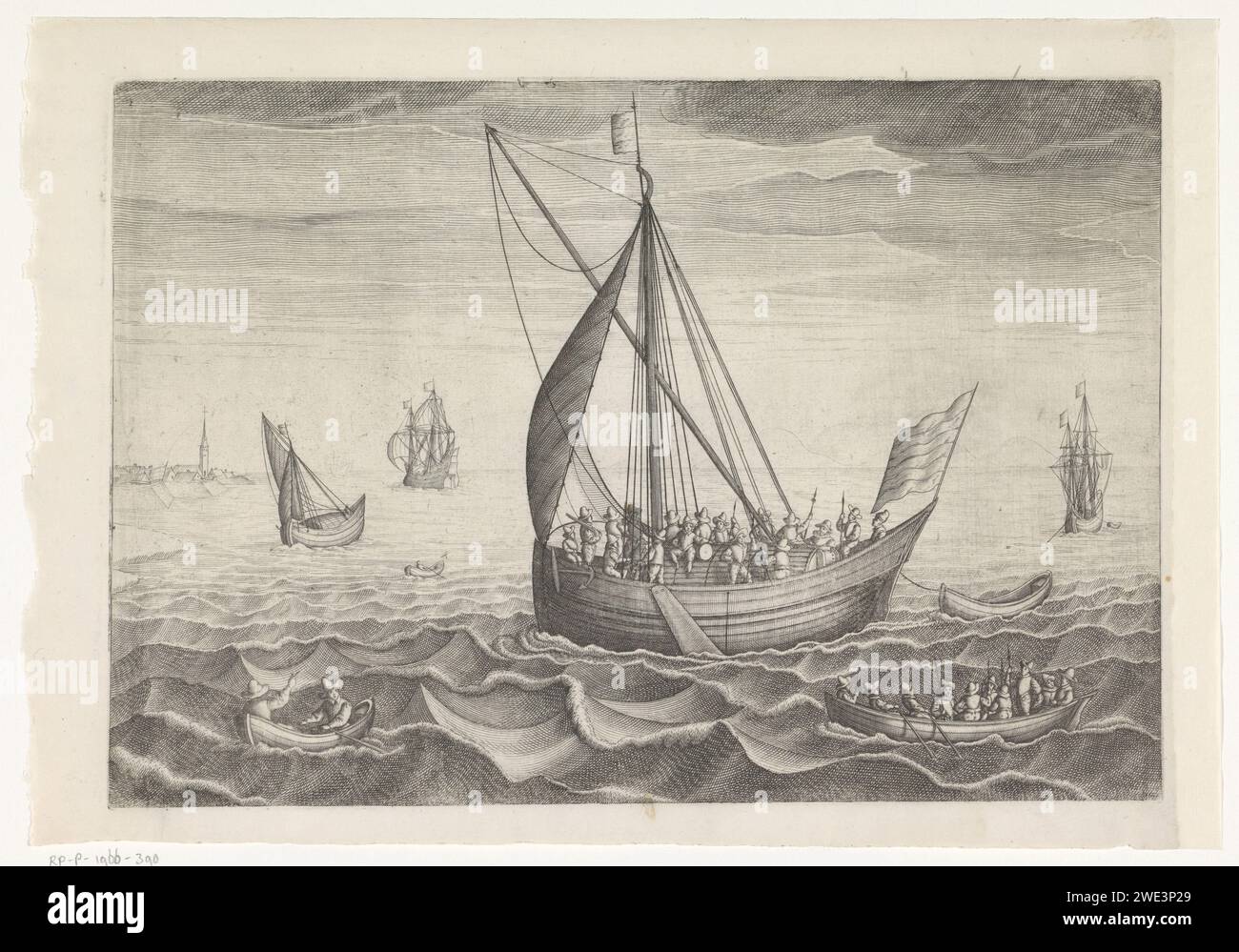 Sailing ship and sloop with soldiers, anonymous, after Pieter Bruegel ...