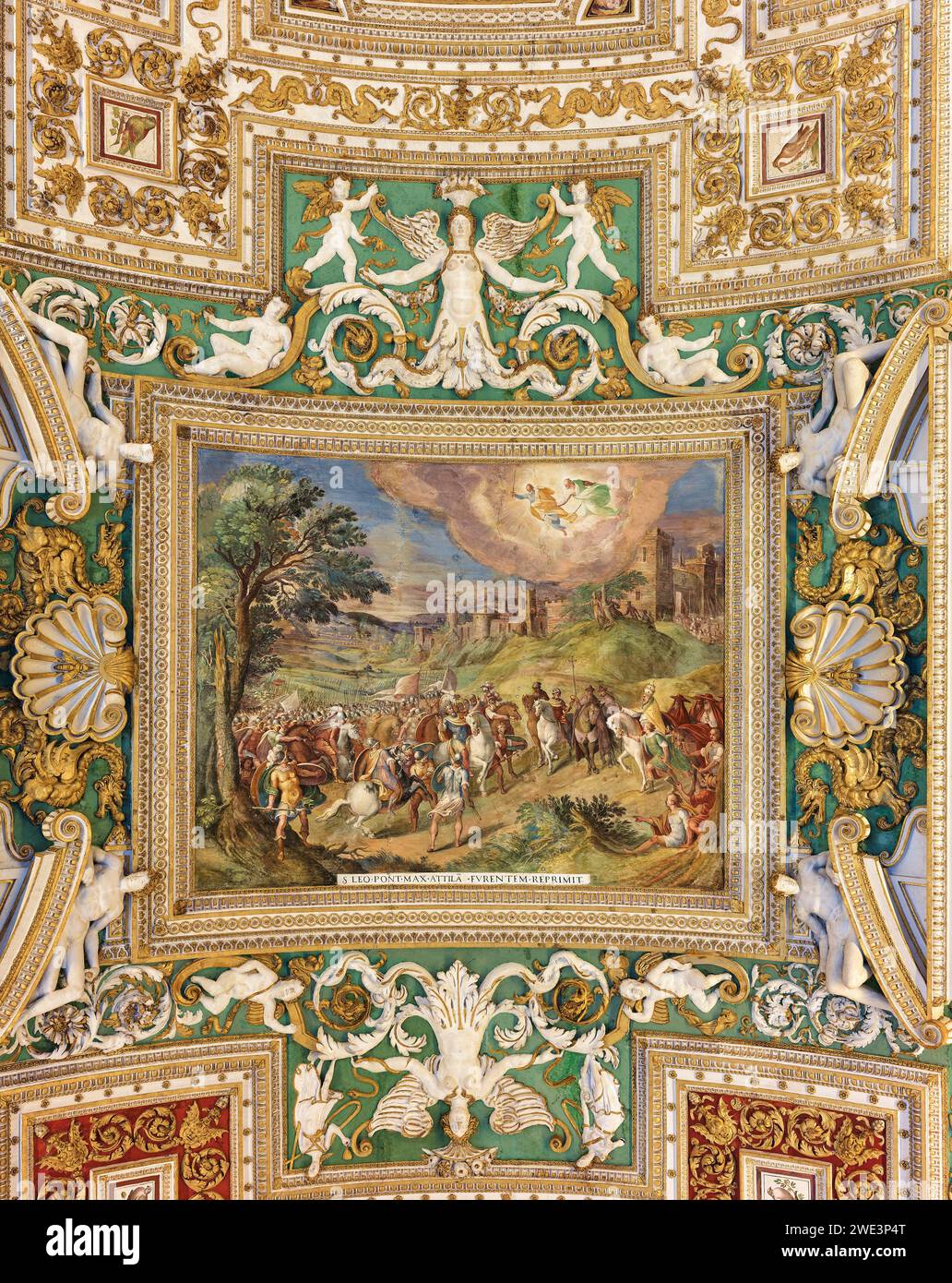 Painting (Pope St Leo confronts Attila the Hun) and decorations on the ceiling in the gallery of ...
