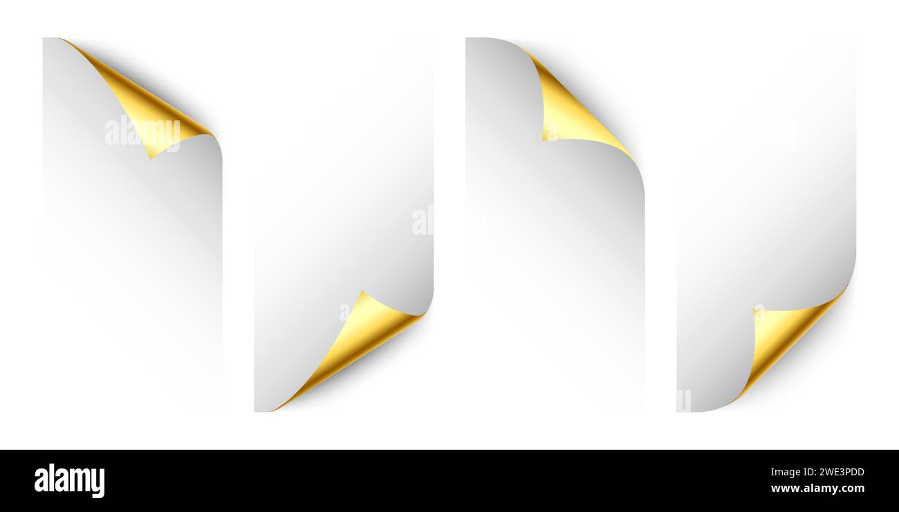Set of golden paper curls. Curled page corner with shadow. Blank sheet ...