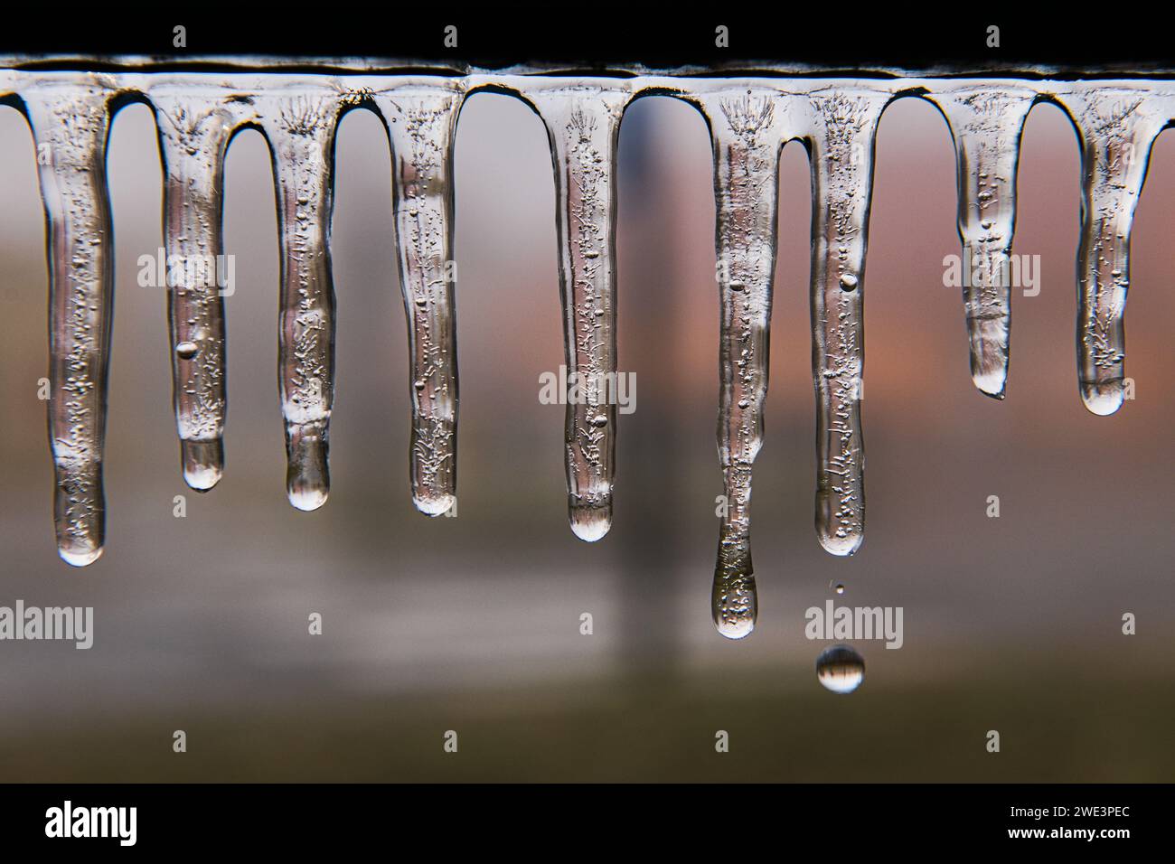 Ice icicles on railings, Zbysov near Brno, Czech Republic, January 23 ...