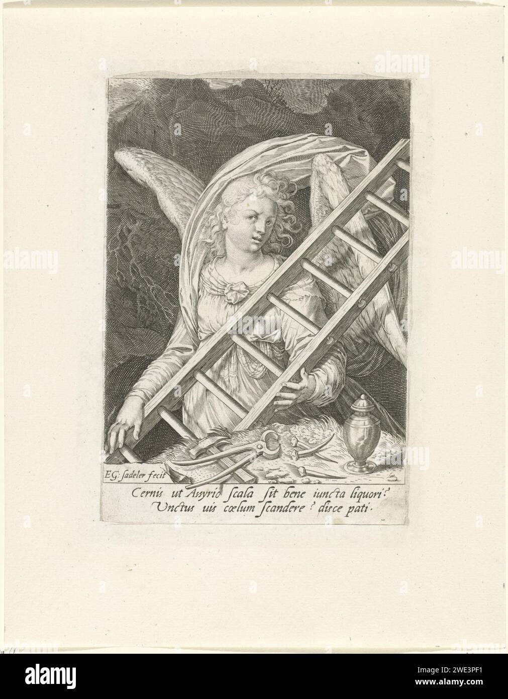 Engel with the ladder, hammer, nails and ointment pot, Aegidius Sadeler ...