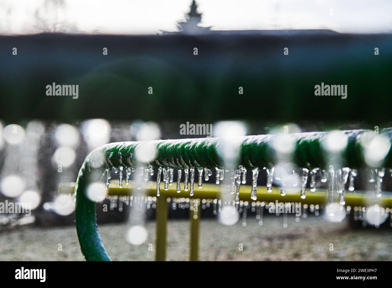 Frozen exercise elements on a workout playground, Zbysov near Brno ...