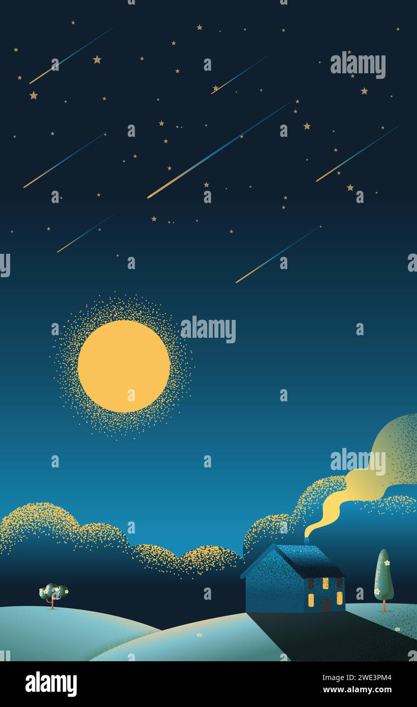 Beautiful cabin hut on the hills in the night scene beautiful vertical ...