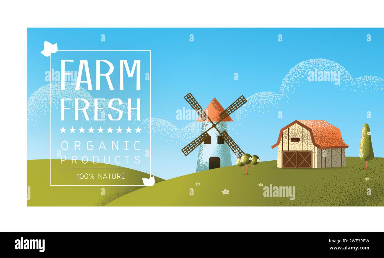 Horizontal Farm field nature landscape and a village on a hill Vector ...