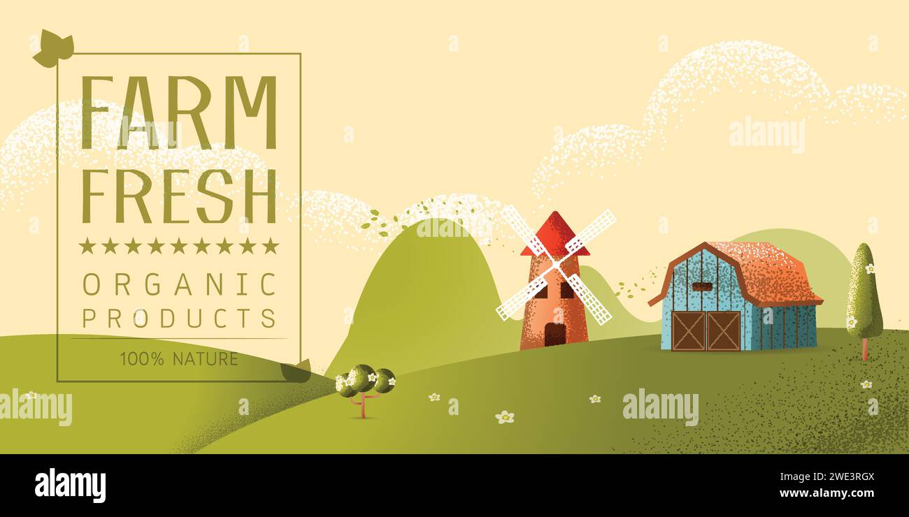 Horizontal Farm field nature landscape and a village on a hill Vector ...