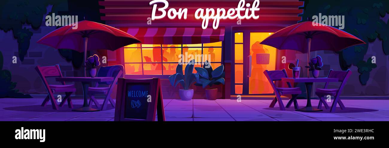City cafe at night with tables, chairs on sidewalk. Vector cartoon ...