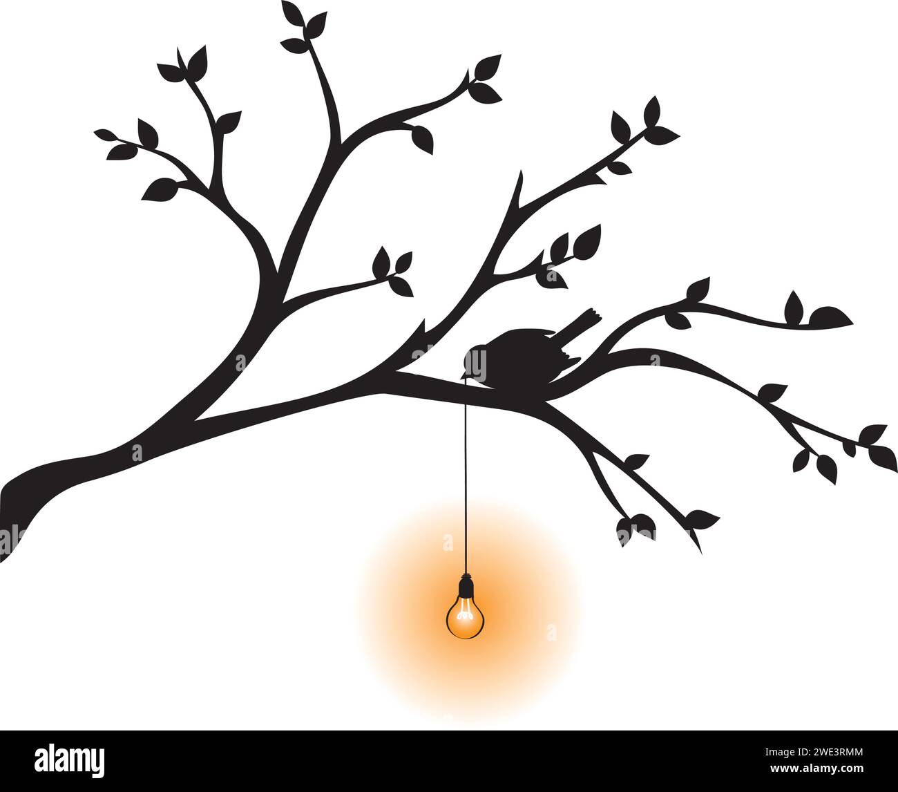 Bird on branch cartoon illustration and light bulb, vector. Wall decals ...