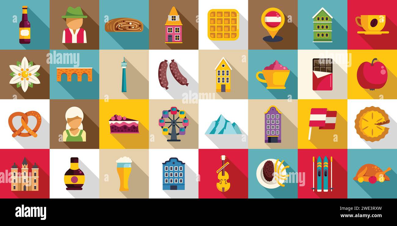 Vienna icons set flat vector. Austria architecture. City history opera ...