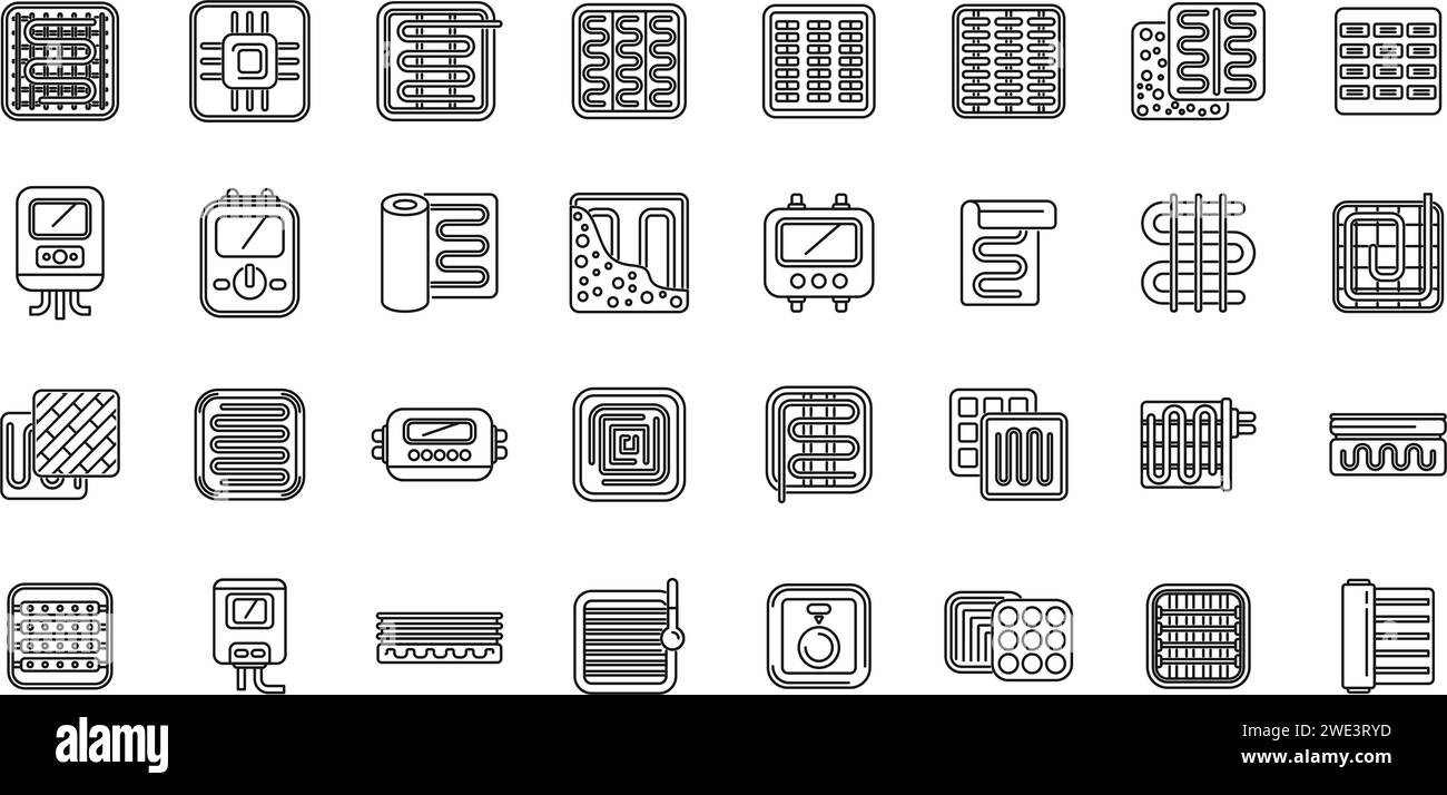 Warm floor icons set outline vector. Thermal heat. Tile layer climate ...