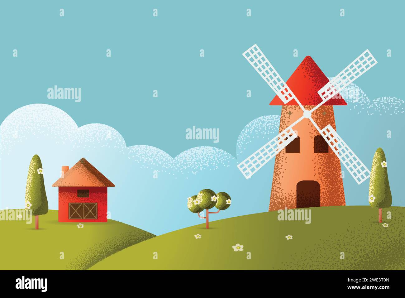 Cartoon farm field green seeding field, red barn on a green farmers ...