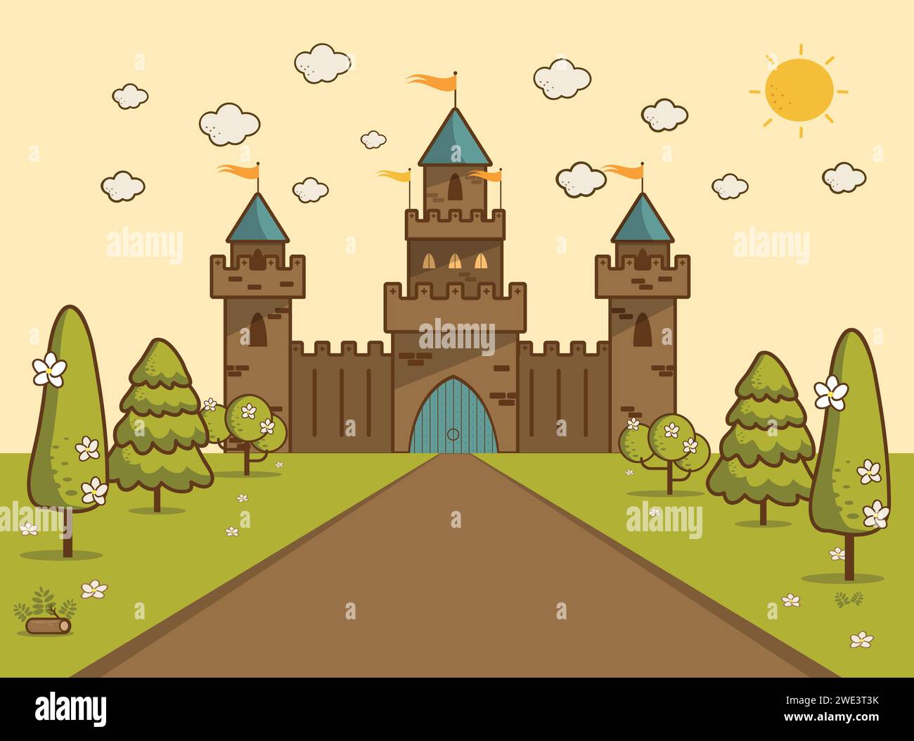 Cute cartoon fantasy fairytale castle in a landscape of a rolling hills ...