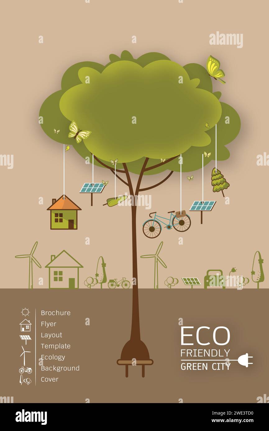 Vector illustration of eco earth with of wind turbine, bike , solar ...