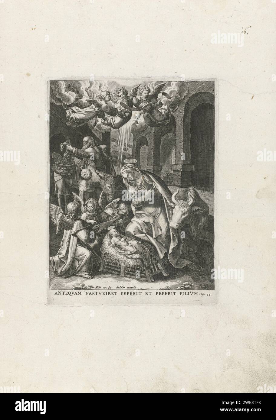 Birth of Christ, Johann Sadeler (I), After Maerten de Vos, 1587 - 1589 print Maria is kneeling ...