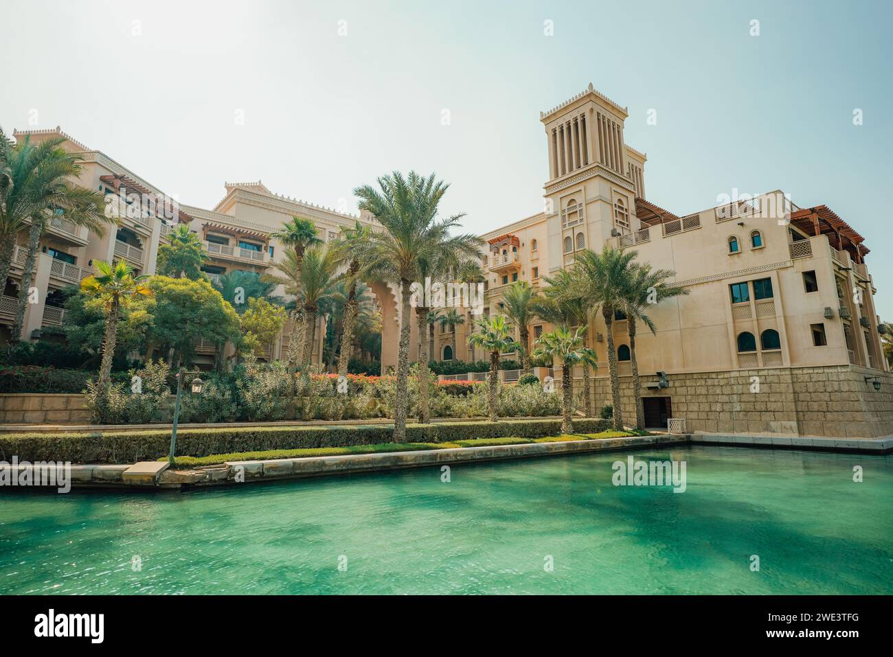 Riverside clock tower standing tall amidst palm trees near a grand ...