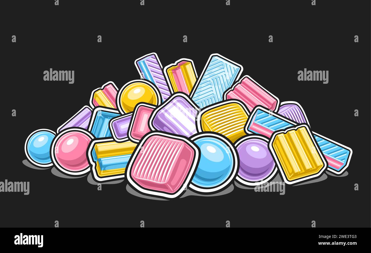 Vector Bubble Gum Heap, decorative horizontal poster with outline illustration of variety ...