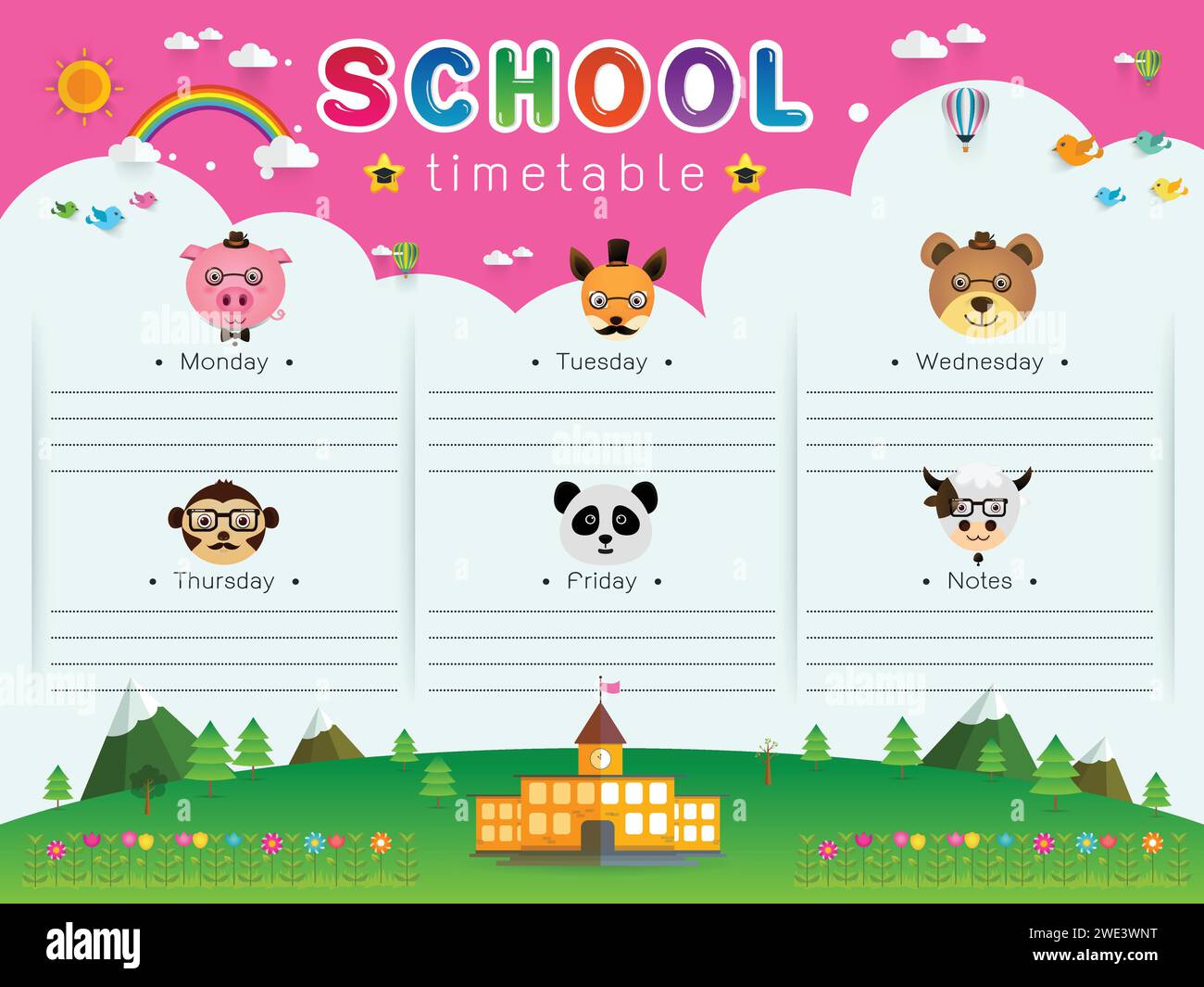background frame design of School Timetable with animal head, Schedule ...