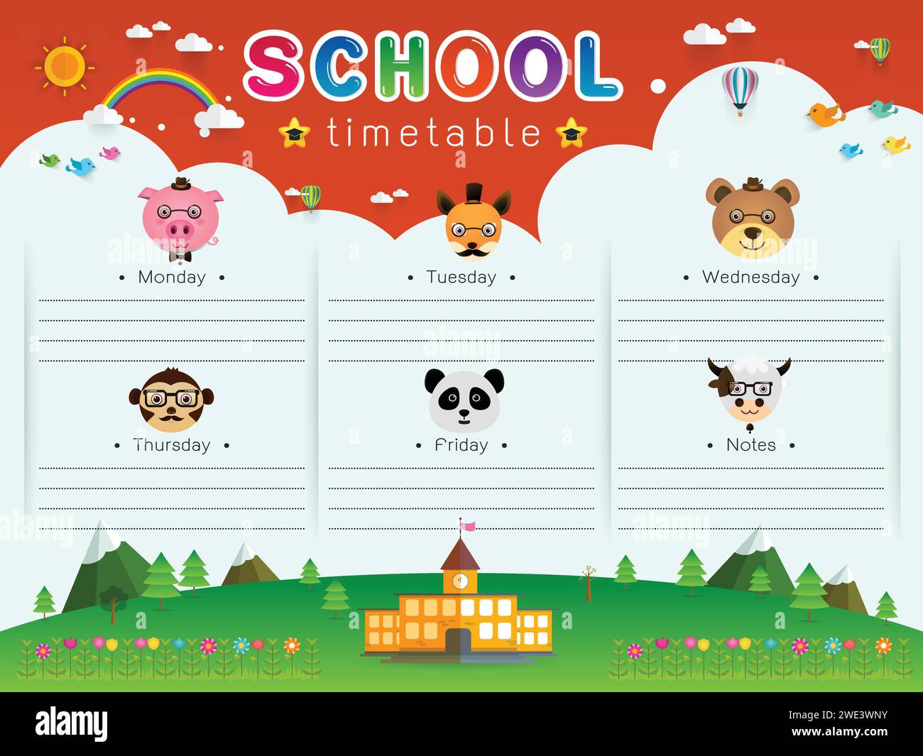 background frame design of School Timetable with animal head, Schedule ...