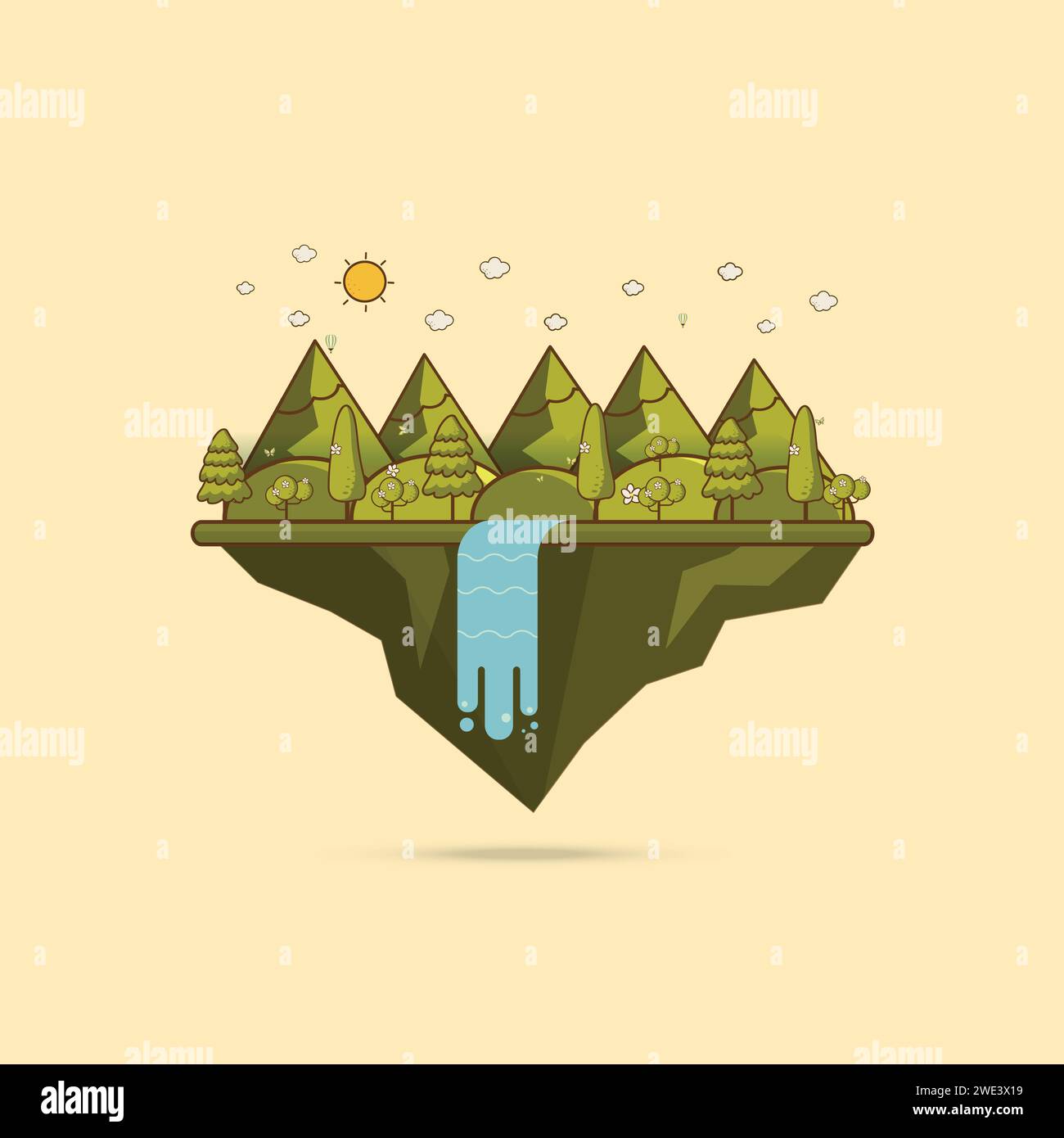 Landscape illustration. Mountain river, waterfall, mountains, hills ...