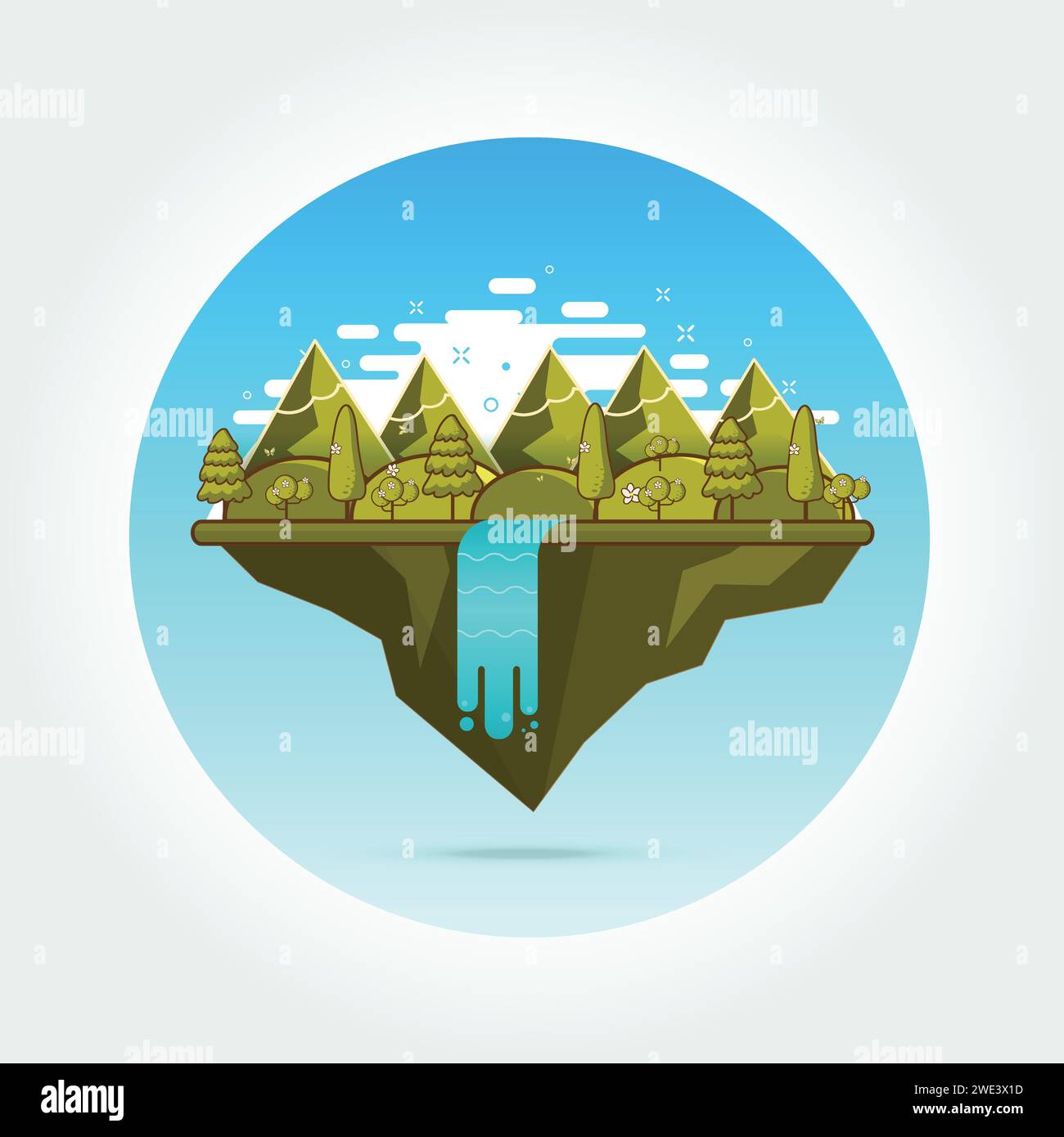 Landscape illustration. Mountain river, waterfall, mountains, hills ...