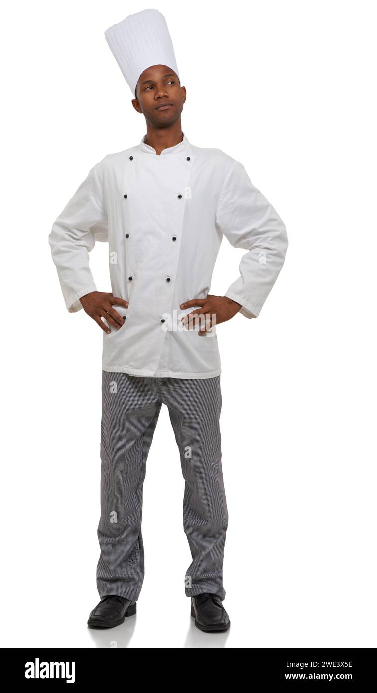 Black man, chef and thinking of idea, professional and confident guy on ...