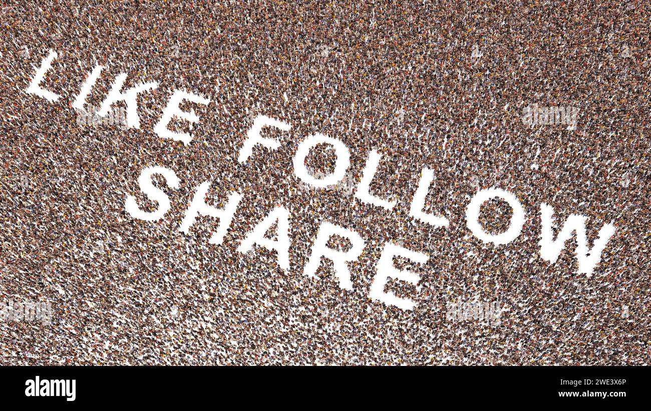 Conceptual community of people forming the LIKE FOLLOW SHARE message ...