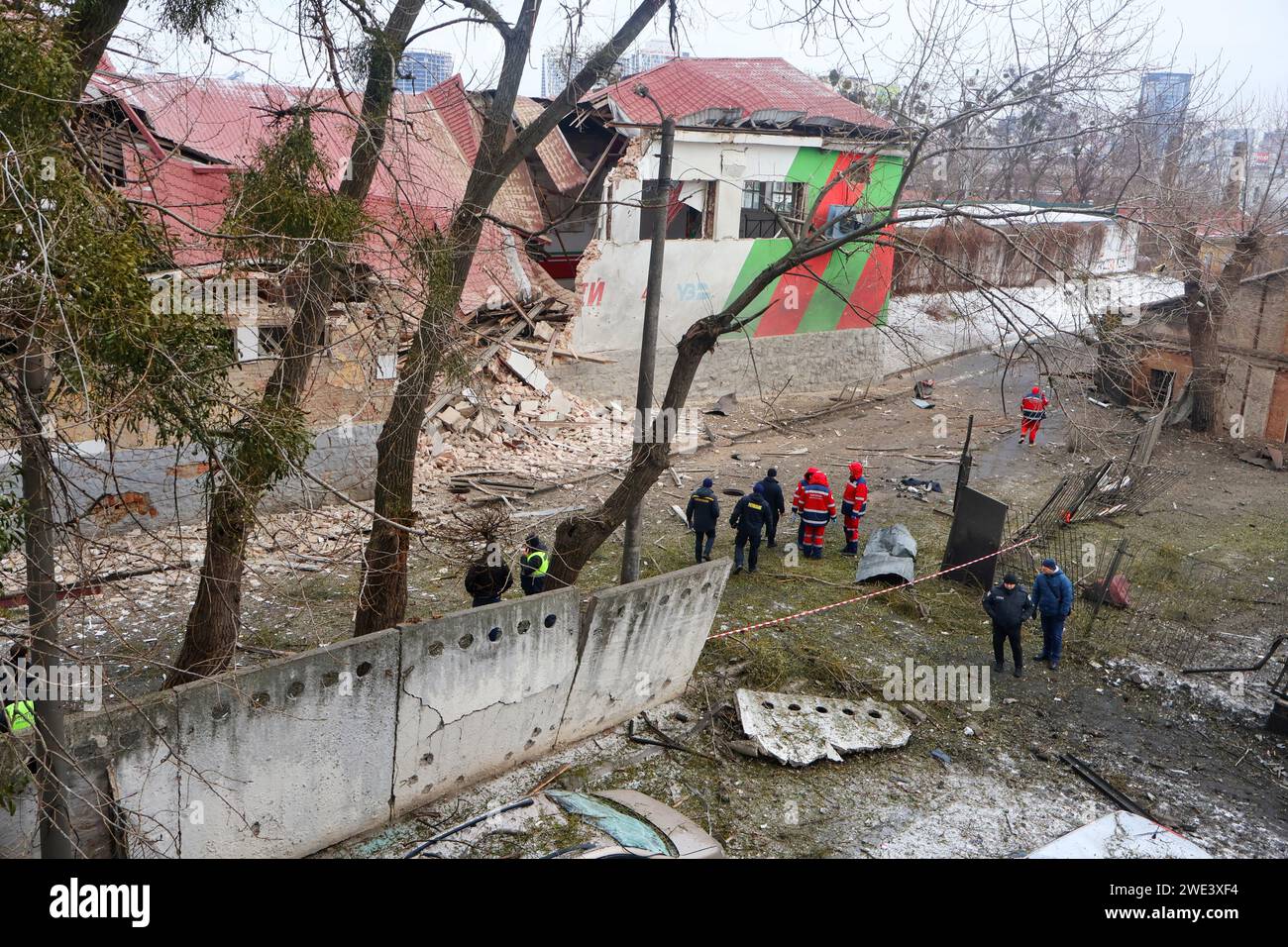 Kyiv, Ukraine. 23rd Jan, 2024. A view of the heavy damage buildings ...