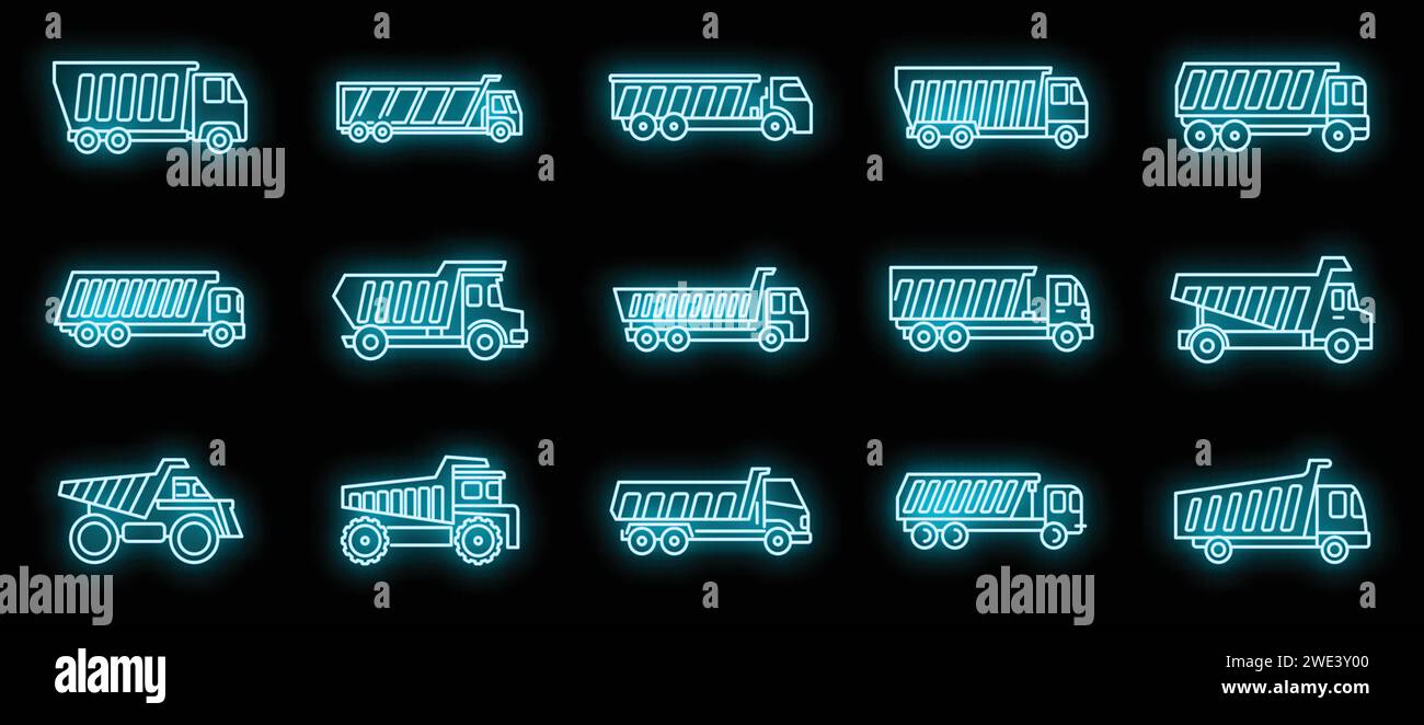 Tipper hopper icons set. Outline set of tipper hopper vector icons neon ...