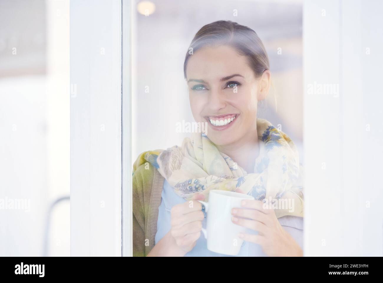 Coffee, thinking and face of happy woman in window with thoughtful ...